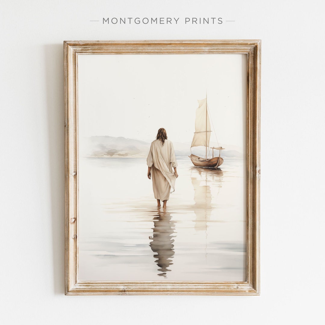 Jesus Christ Walking on Water, Printable Bible Watercolor Painting ...