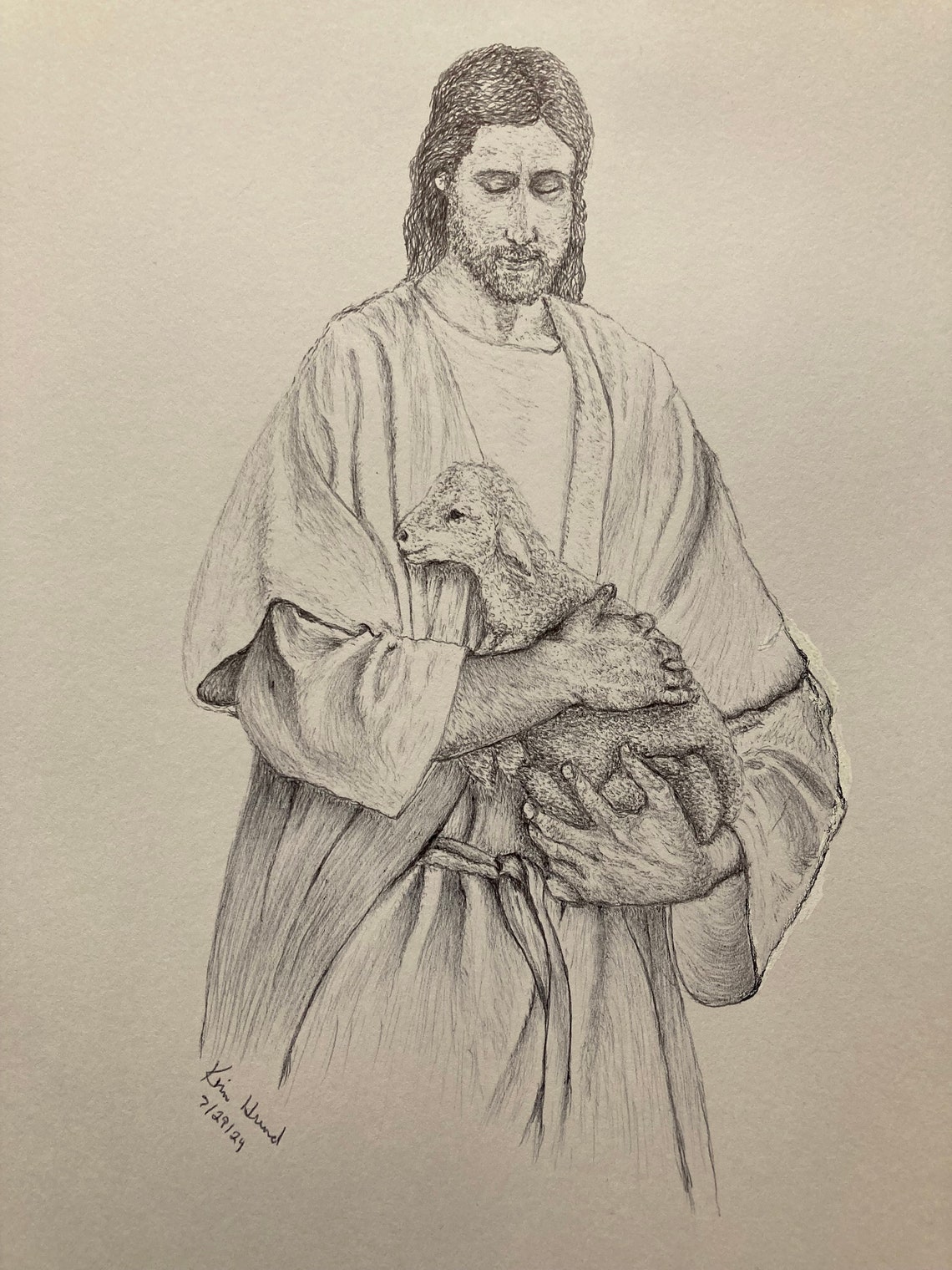 Jesus Christ With a Little Lamb Ink Sketch - Etsy