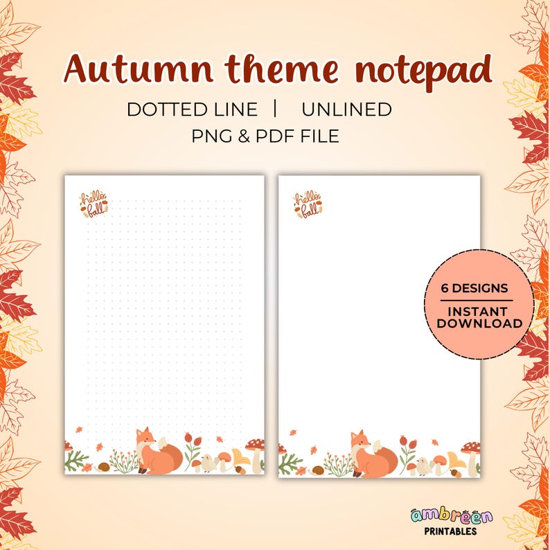 Autumn Theme Notepad Bundle Printable Stationery Fall Dotted Lined ...