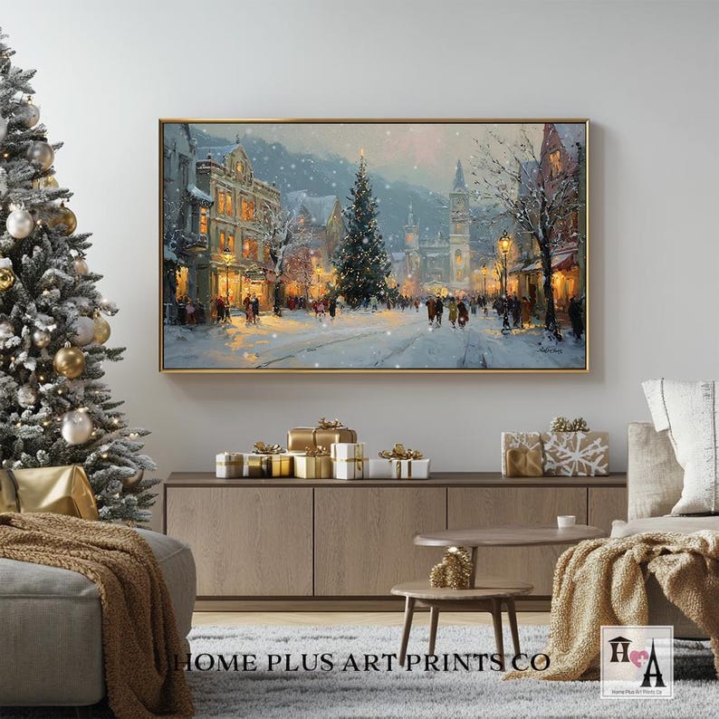 Christmas Village Samsung Frame TV Art: Vintage Winter Painting ...