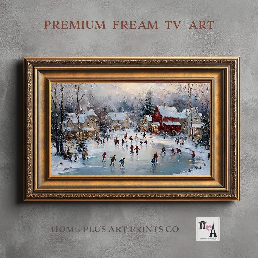 Winter Ice Skating Scene Frame TV Art: Vintage Christmas Village ...