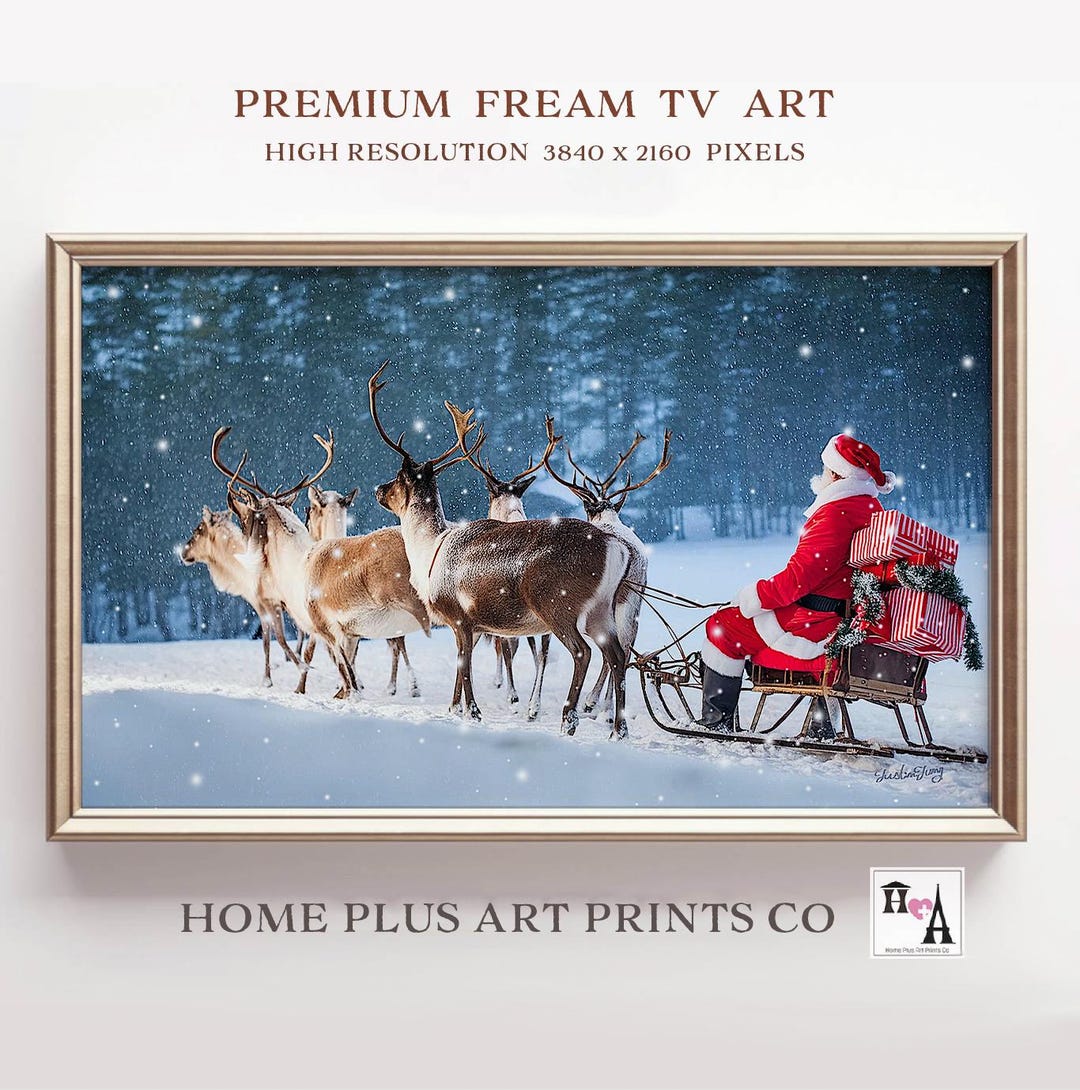 Christmas Wall Art,samsung Frame TV Art Christmas, Santa With Reindeers ...