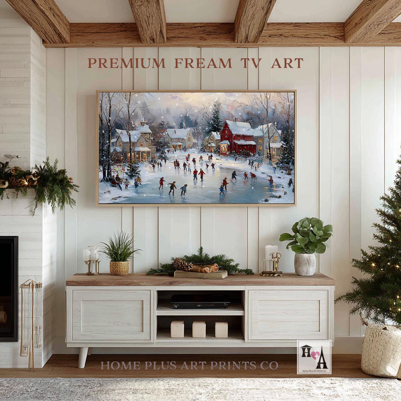 Winter Ice Skating Scene Frame TV Art: Vintage Christmas Village ...