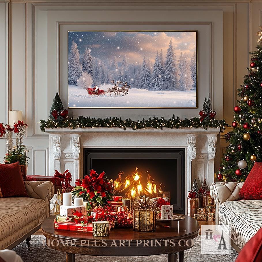 Christmas Frame TV Art, Santa Sleigh and Reindeer Samsung Frame TV Art ...