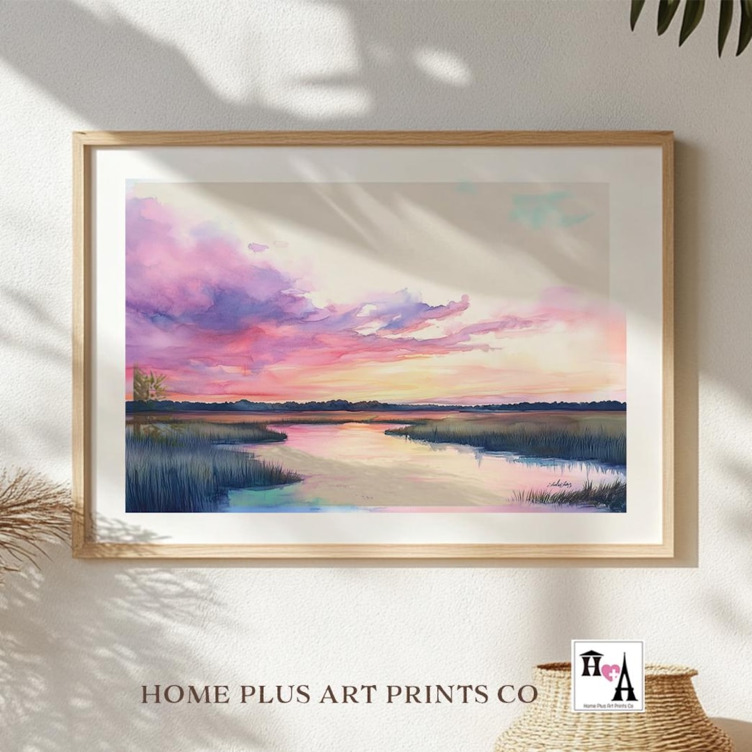 Pastel Marsh Sunset Landscape Painting, Coastal Watercolor Wall Art ...