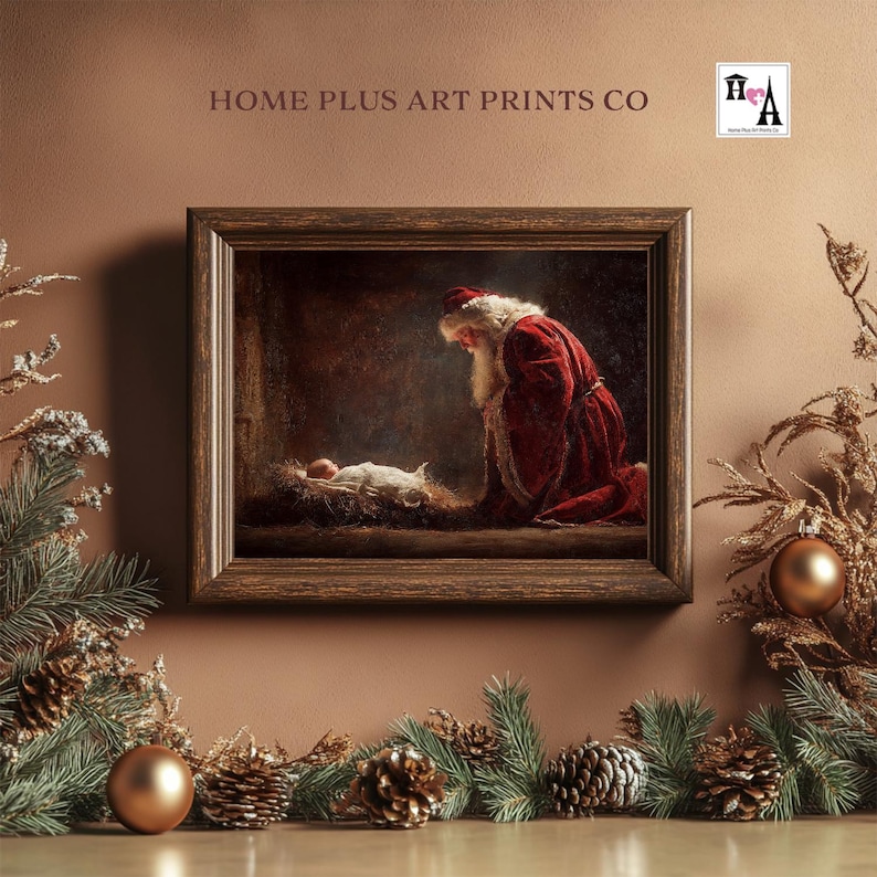 Santa & Baby Jesus Printable Digital Art, Santa Nativity Oil Painting ...