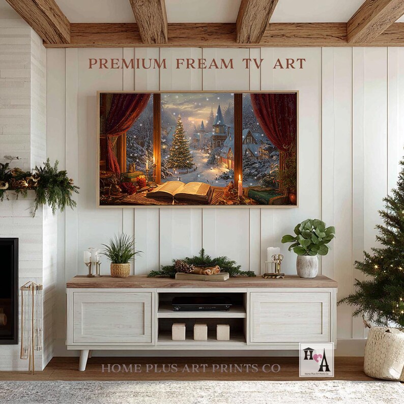 Christmas Frame TV Art, Vintage Snowy Winter Village Window View ...