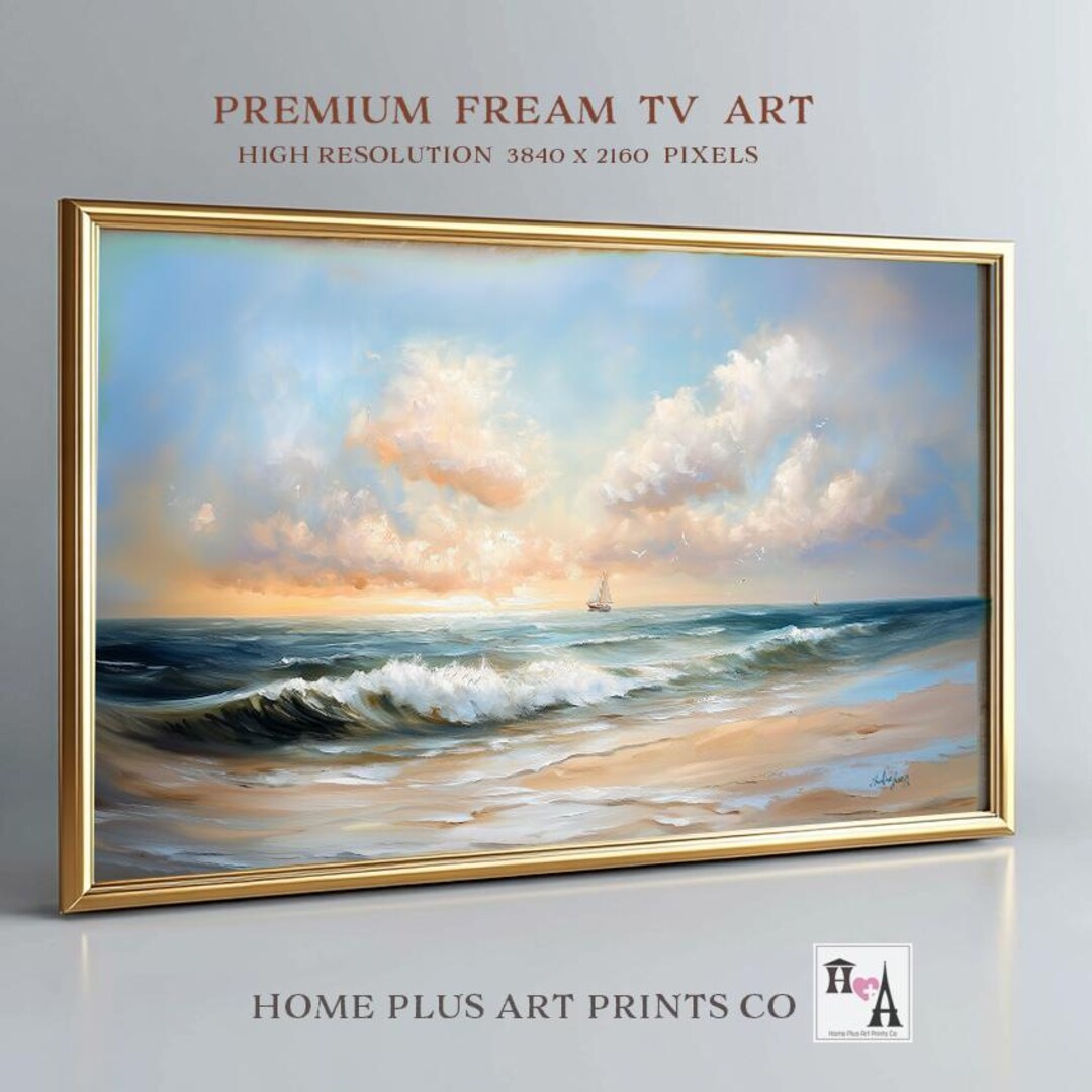 Ocean Beach Frame TV Art, Neutral Seascape Sailboat Painting TV Art ...