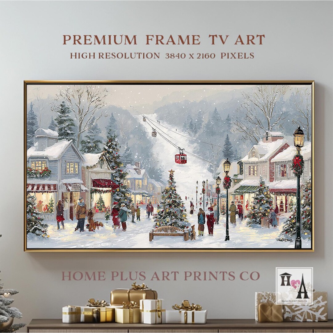 Christmas Frame TV Art, Snowy Ski Village Painting Samsung Frame Tv Art ...