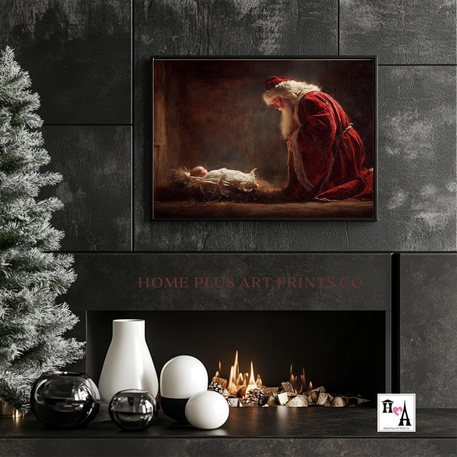 Santa & Baby Jesus Printable Digital Art, Santa Nativity Oil Painting ...