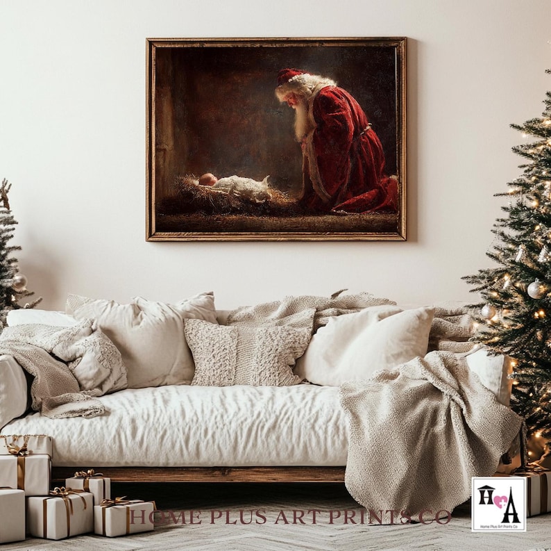Santa & Baby Jesus Printable Digital Art, Santa Nativity Oil Painting ...
