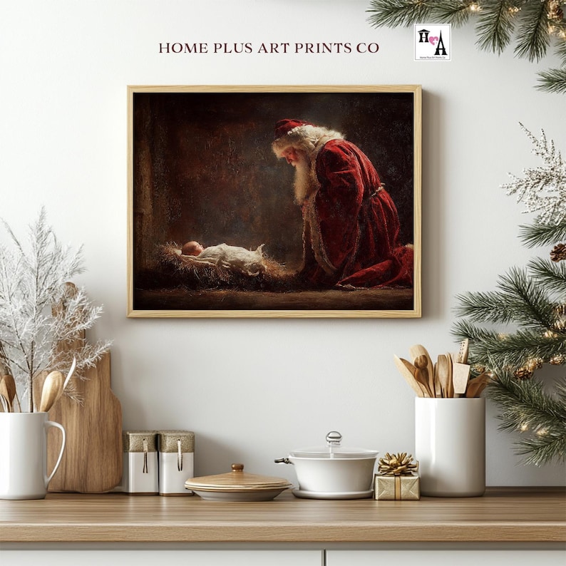 Santa & Baby Jesus Printable Digital Art, Santa Nativity Oil Painting ...