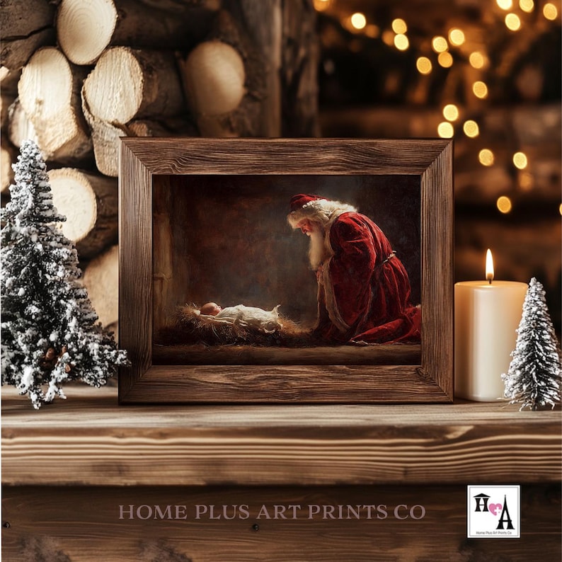 Santa & Baby Jesus Printable Digital Art, Santa Nativity Oil Painting ...