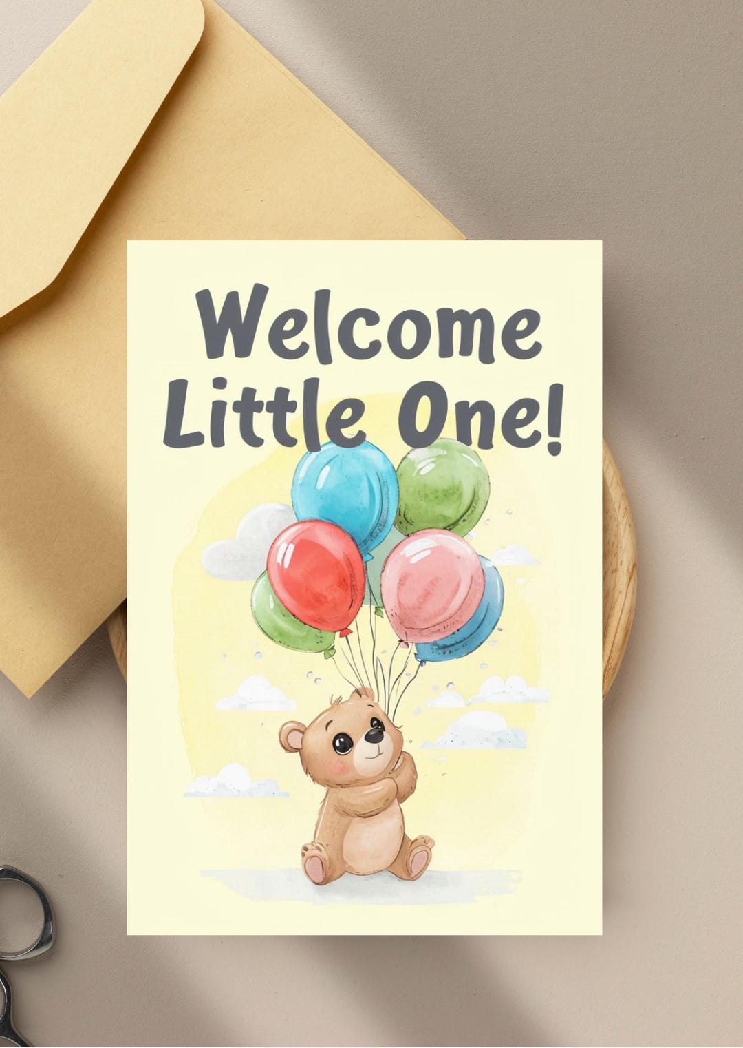 Bear Baby Card, Baby Card, Brown Bear Balloon, Child Birth Card ...
