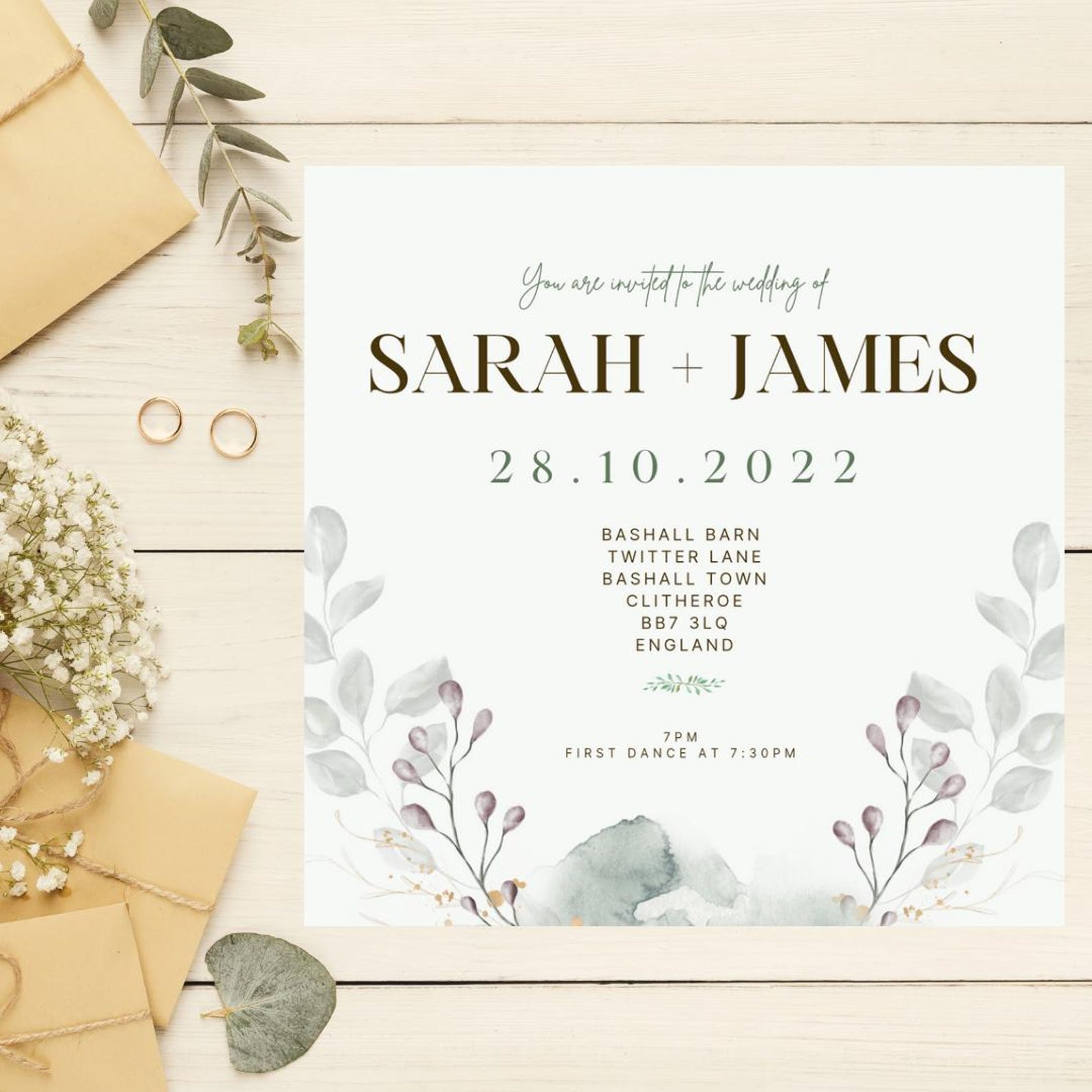 Ivory Greenery Wedding Invitation Template | Editable Invite (digital ...