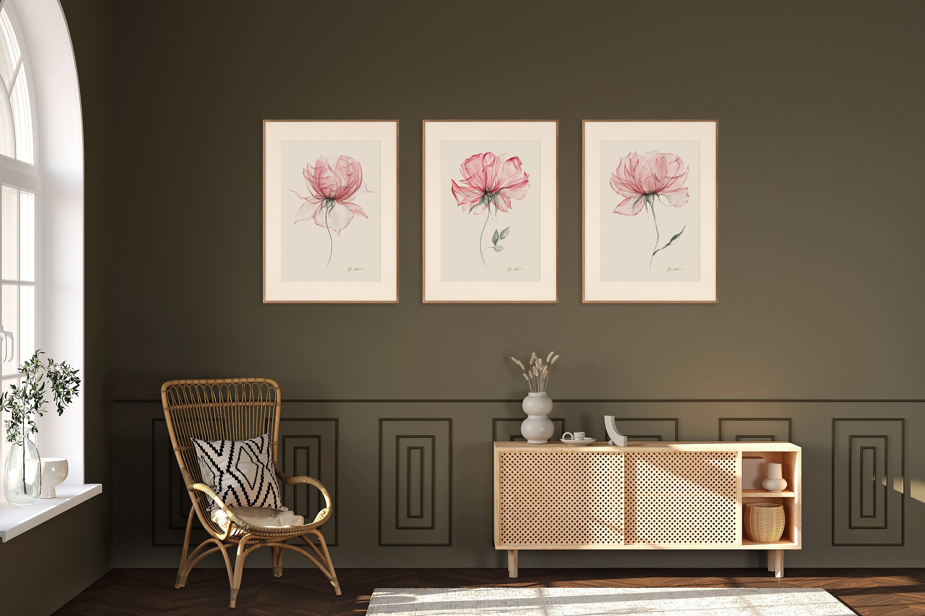 Watercolor Pink Rose Art Print, Botanical Wall Art, Transparent Flower ...