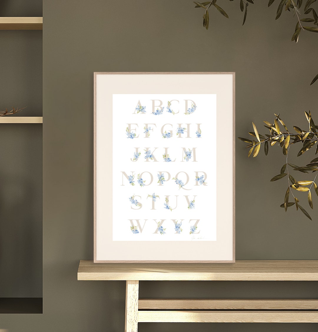 Alphabet Floral Poster, Blue Flowers Abc Wall Art, Typography Poster ...