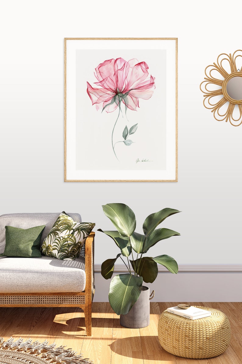 Watercolor Pink Rose Art Print, Botanical Wall Art, Transparent Flower ...