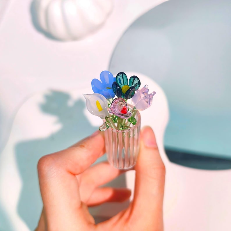 Miniature Glass Flower Bouquet, Hand Blown Glass Tulip Calla Lily ...