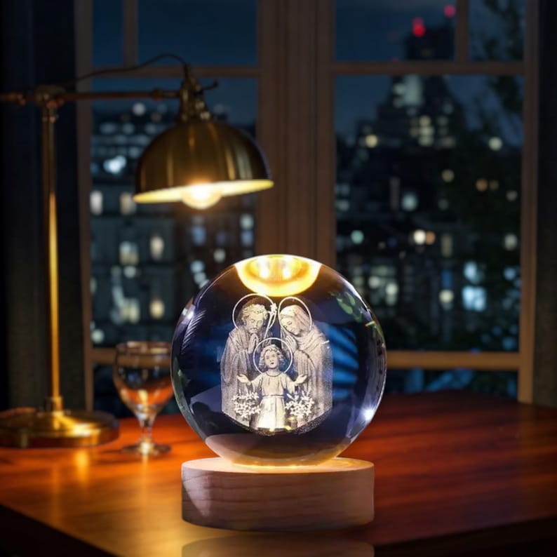 3D Crystal Holy Family Night Light, Engraved Holy Family Crystal Ball ...
