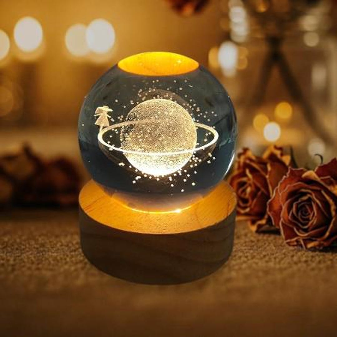 3D Crystal Saturn Lamp, Saturn & Little Girl Crystal Ball, LED Planet ...