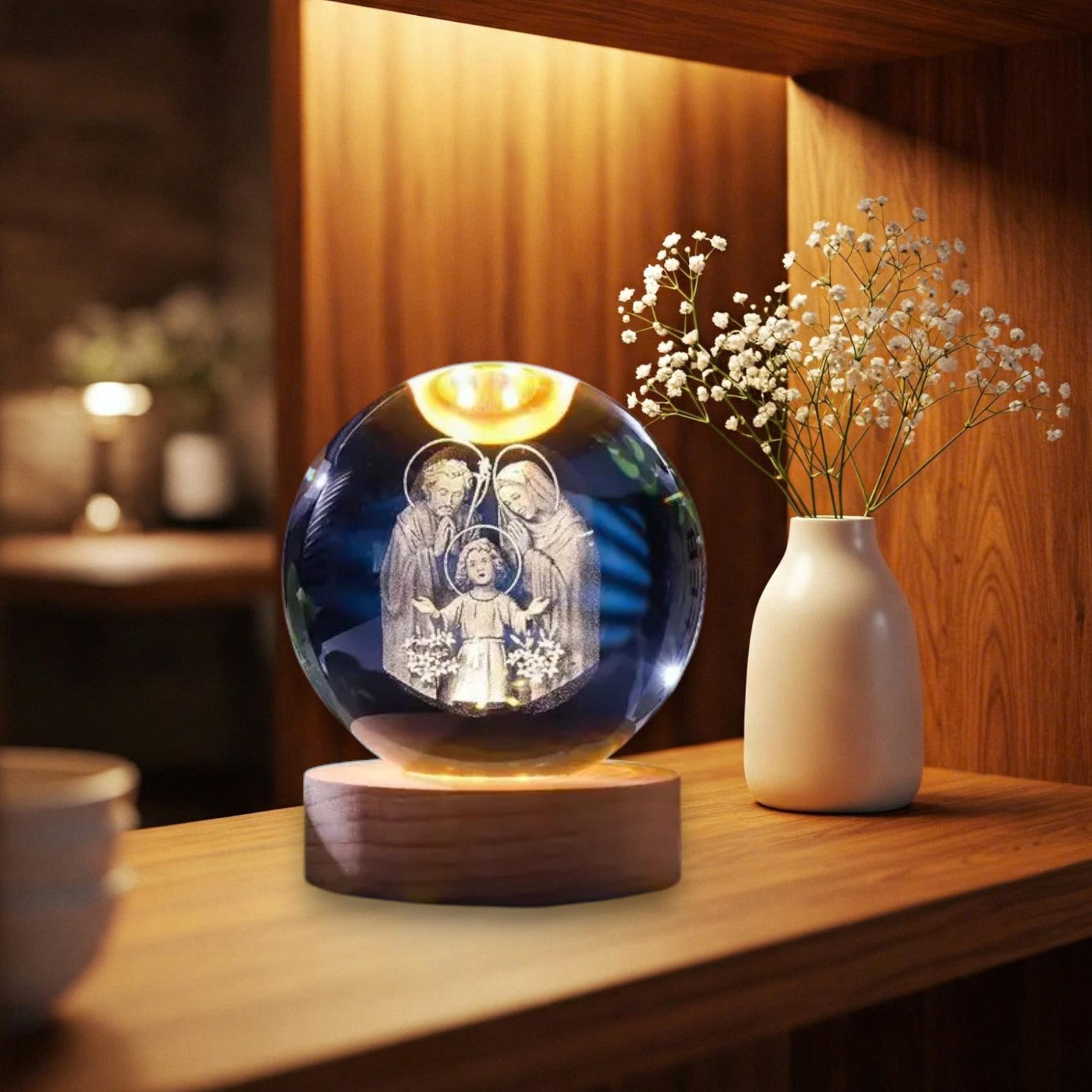 3D Crystal Holy Family Night Light, Engraved Holy Family Crystal Ball ...