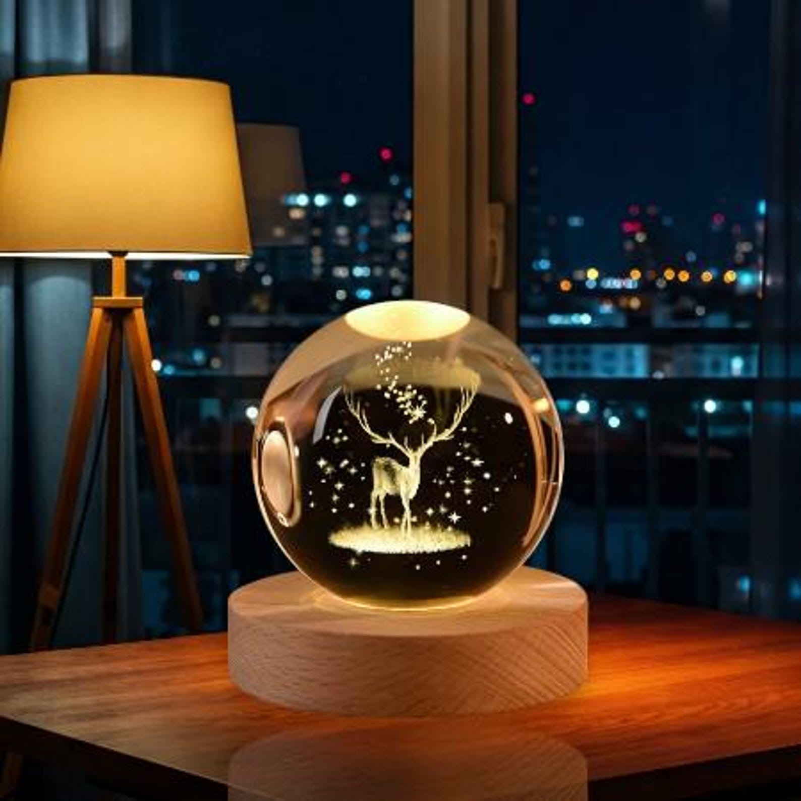 Deer Night Light, 3D Engraved Deer Crystal Ball Lamp, Engraved Crystal ...