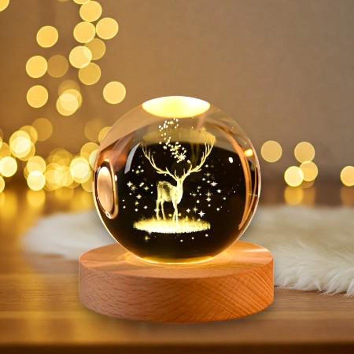 Deer Night Light, 3D Engraved Deer Crystal Ball Lamp, Engraved Crystal ...