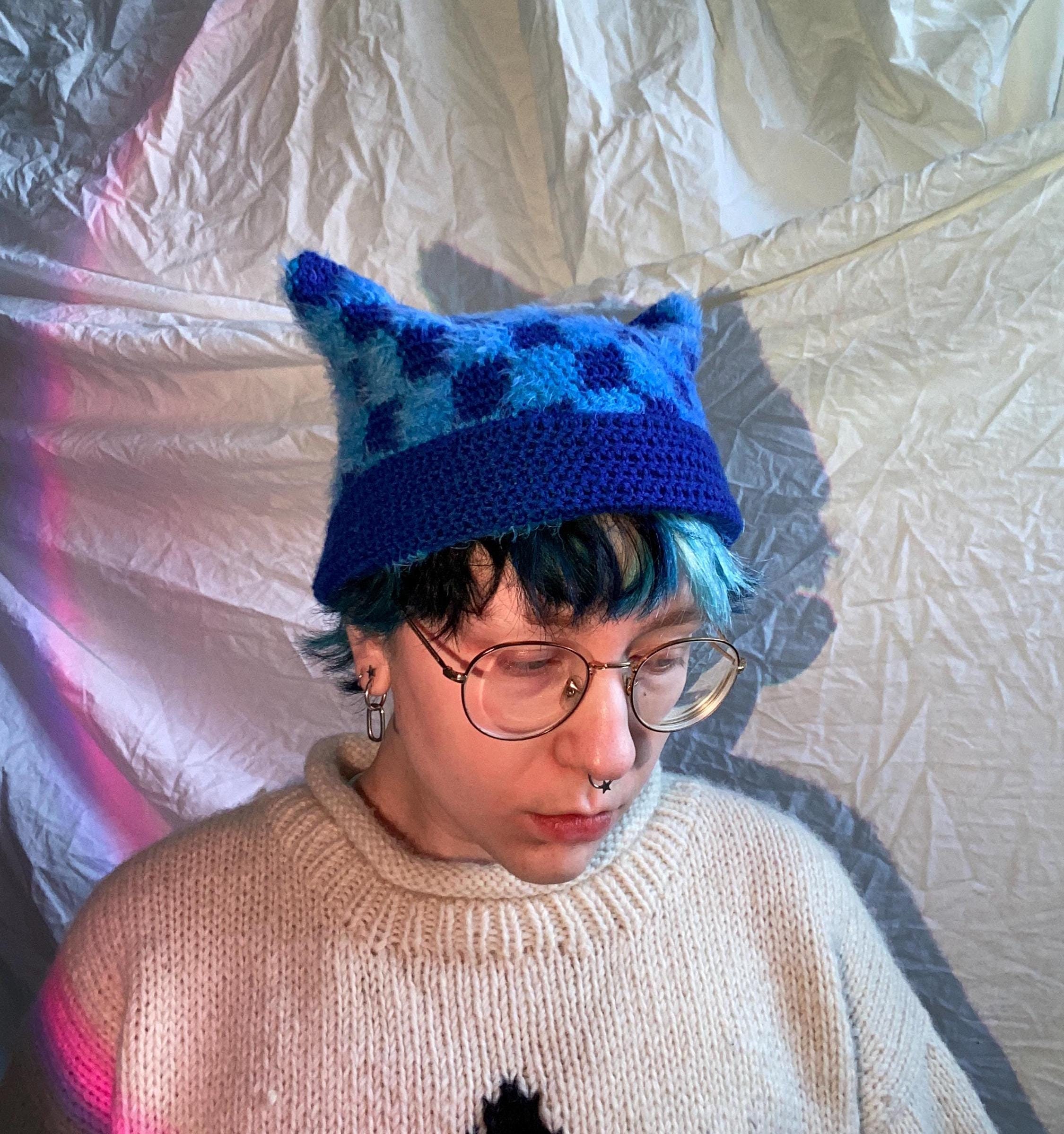 Handmade Crochet Cat Hat Beanie | Fuzzy Wool Blue | Alternative ...