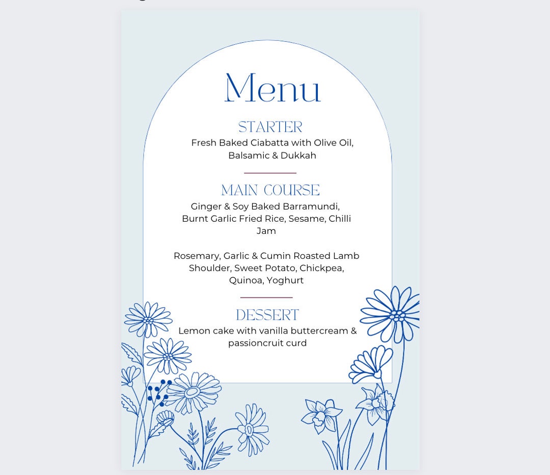 Blue Daisy Menu | Garden Party Menu | Bridal Party Menu | Modern - Etsy