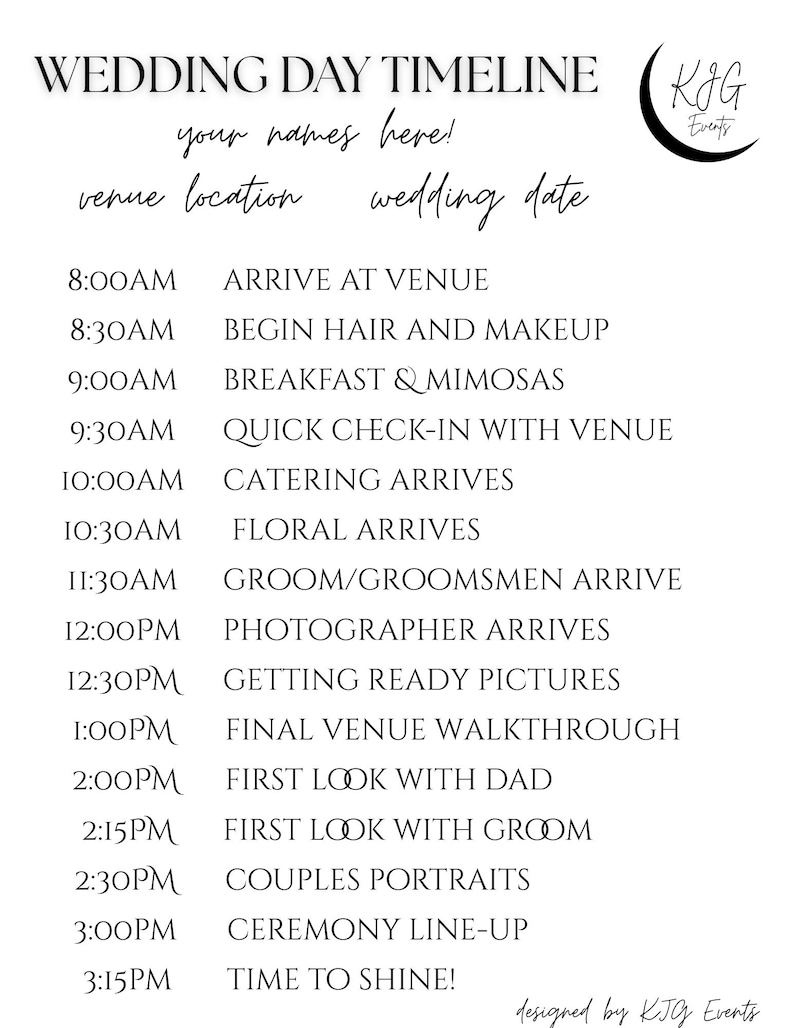 Simple Editable Wedding Day Timeline Template | Printable Schedule ...