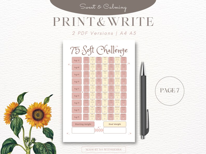 75 Day Soft Challenge Tracker Printable Potrait A4 & A5 Sizes Instant ...