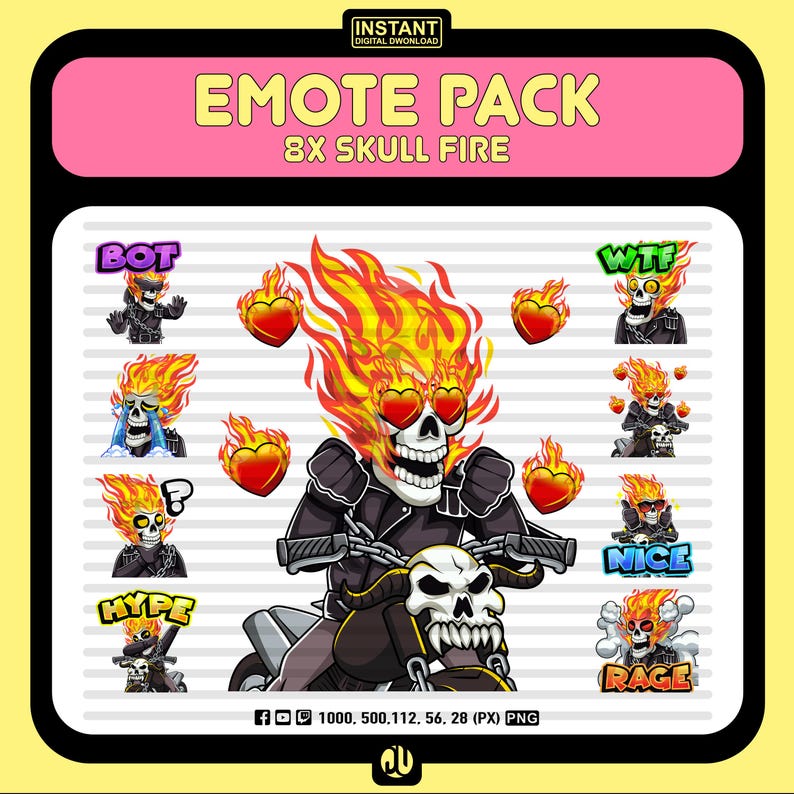 8x Flaming Skull Twitch Emote Pack – Fire & Biker-themed Emotes for ...