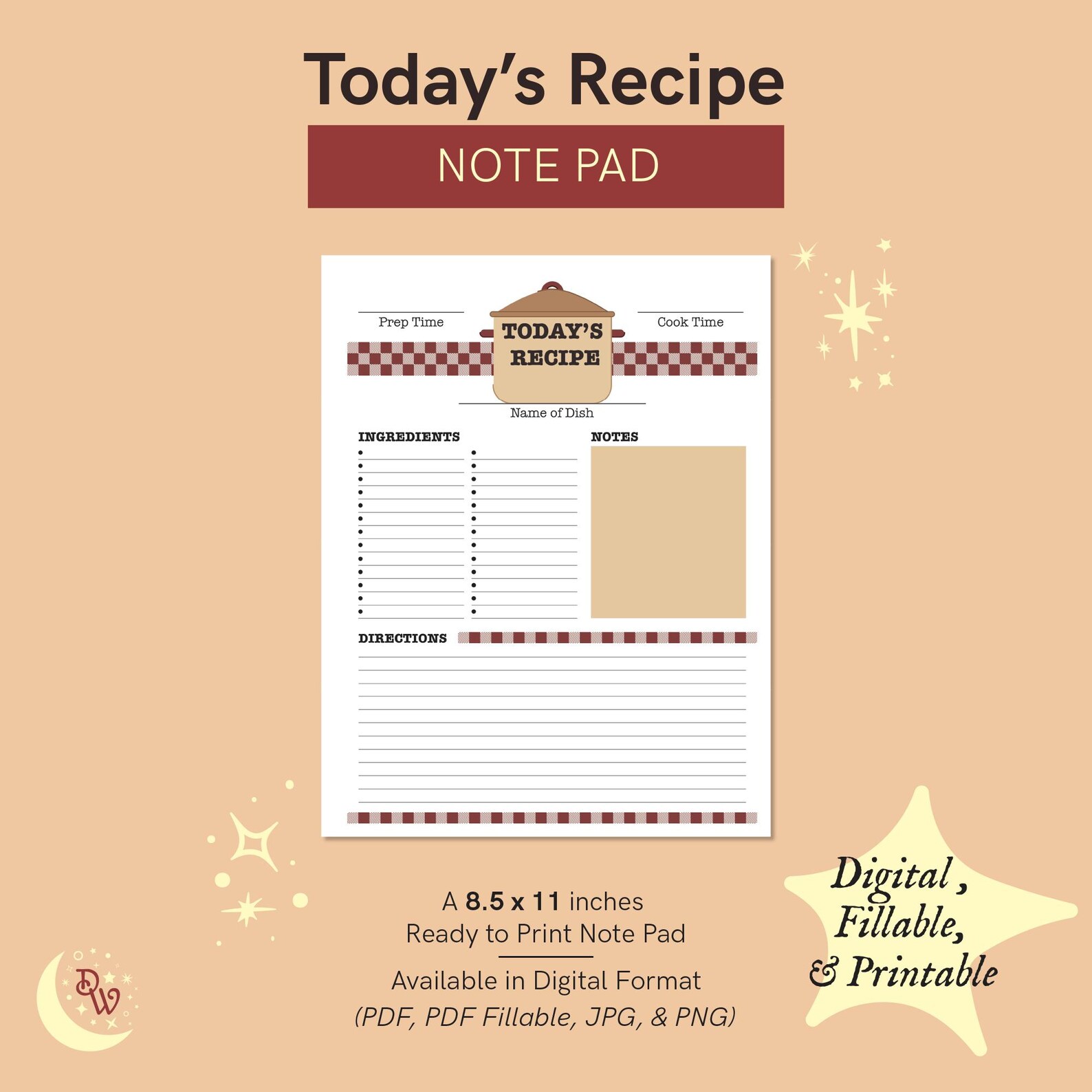 Digital Recipe Note Pad Printable PDF Instant Download Meal Planner ...