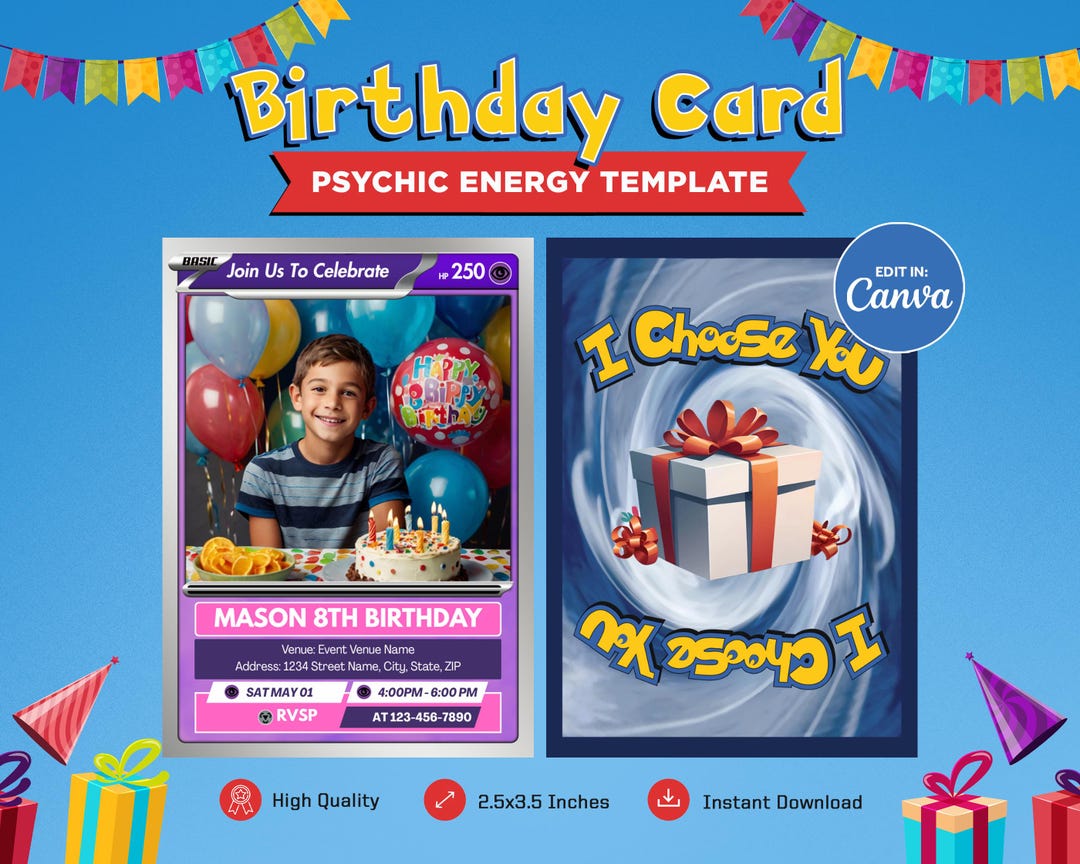 Birthday Invitation Card Template, Pokeman Psychic Themed Custom Card ...