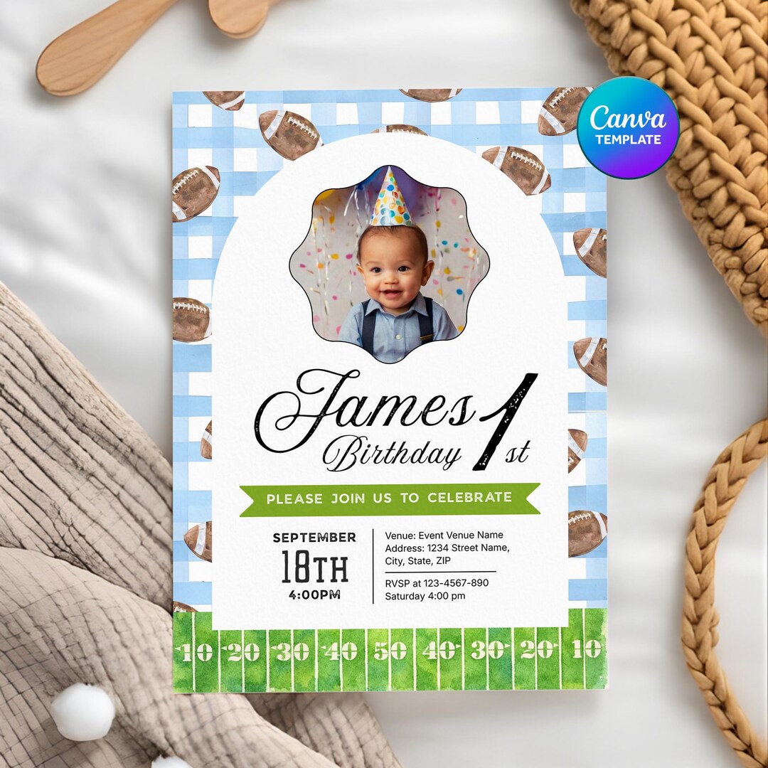 Football First Birthday Invitation Template, Editable Canva Sports ...