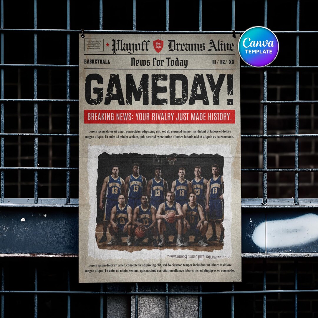 Basketball Gameday Newspaper Style A3 Poster Canva Template, Editable ...