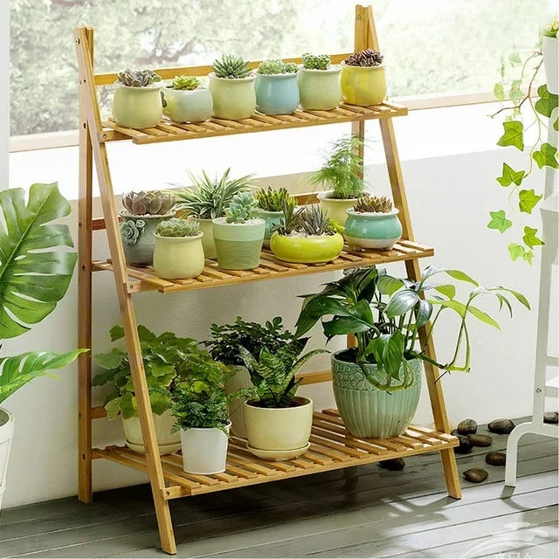 Foldable Bamboo Flower Stand Plant Display Indoor Outdoor Garden Rack ...