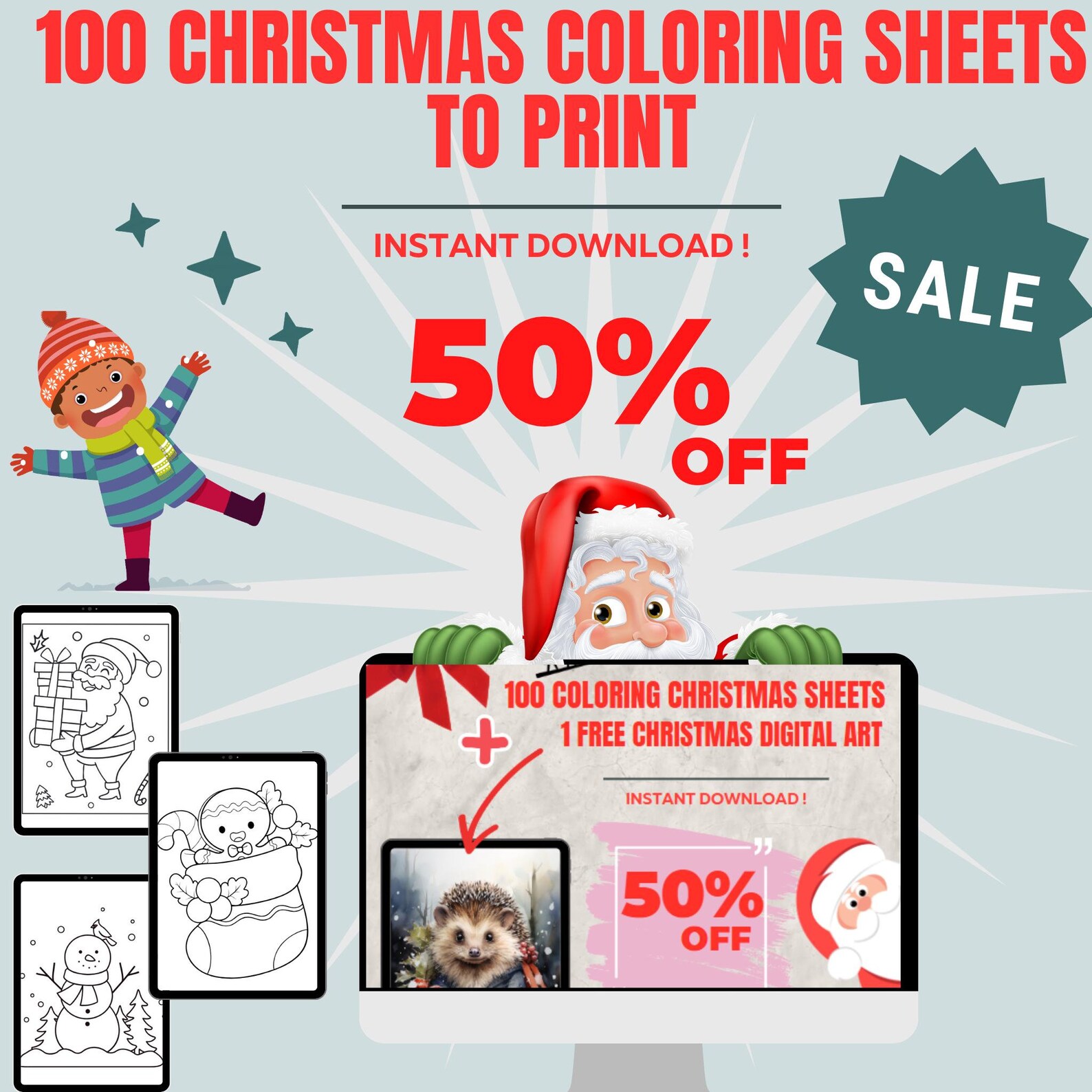 100 Printable Christmas Coloring Pages BUNDLE, Easy Christmas Coloring ...