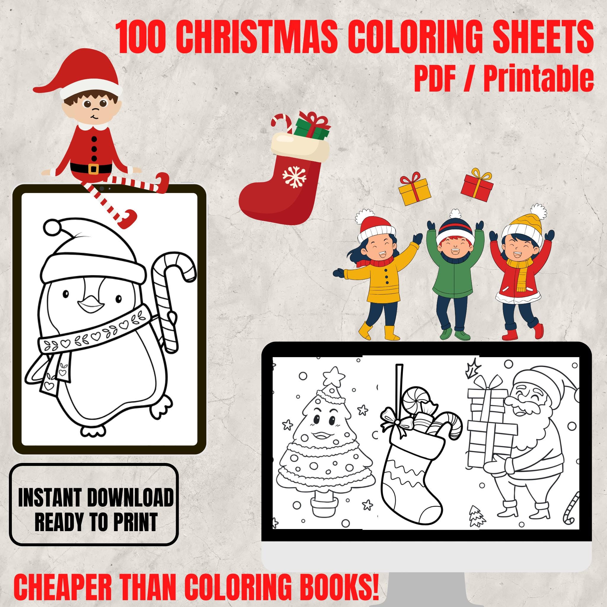 100 Printable Christmas Coloring Pages BUNDLE, Easy Christmas Coloring ...