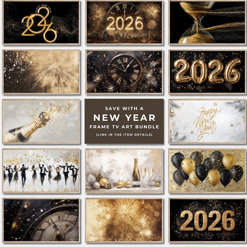 2026 Happy New Year Eve Frame TV Art, Black and Gold Screensaver ...