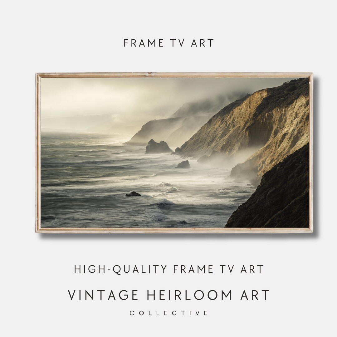 Coastal Ocean Beach Frame TV Art, Neutral Seascape Painting Moody Frame ...