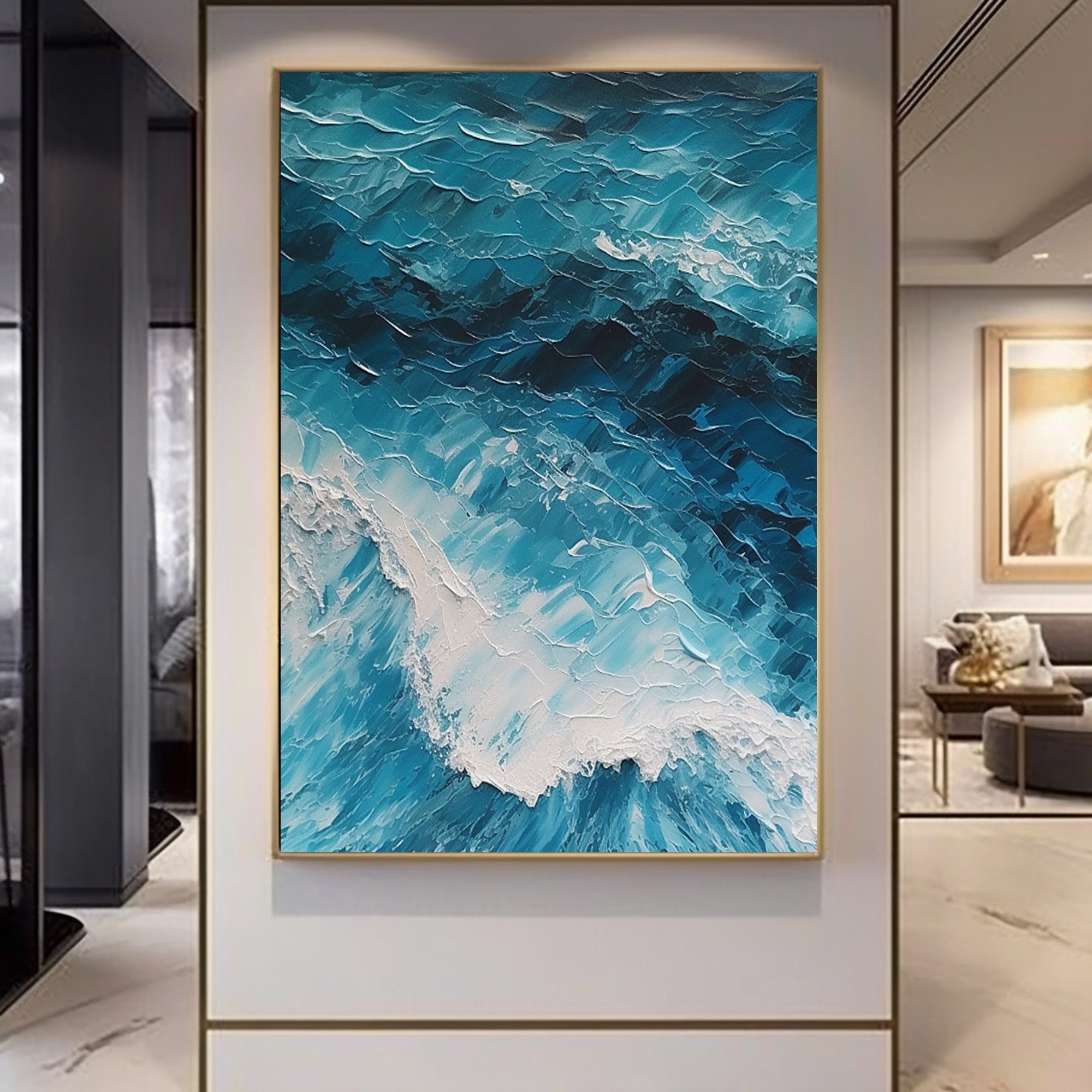 Original Abstract White Ocean Wave Hand Painting,3d Blue and White Wave ...