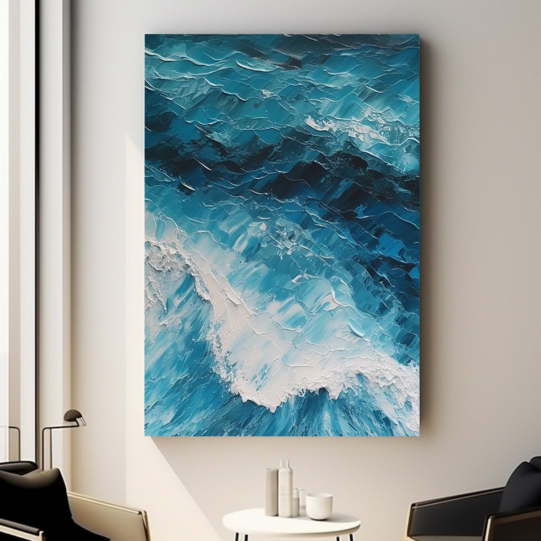 Original Abstract White Ocean Wave Hand Painting,3d Blue and White Wave ...