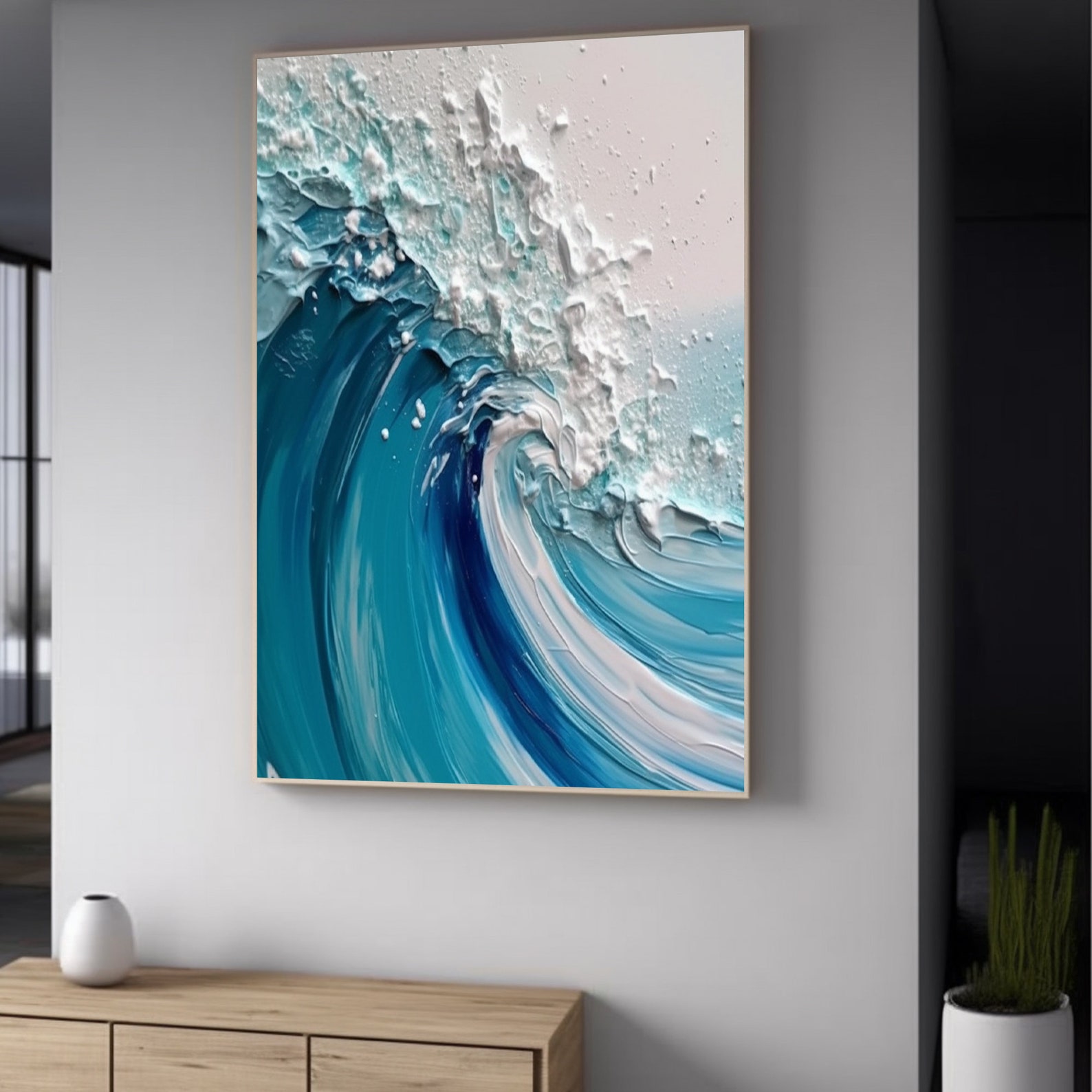Original Blue Sea White Waves Hand Painting,3d White Waves Wall Art ...