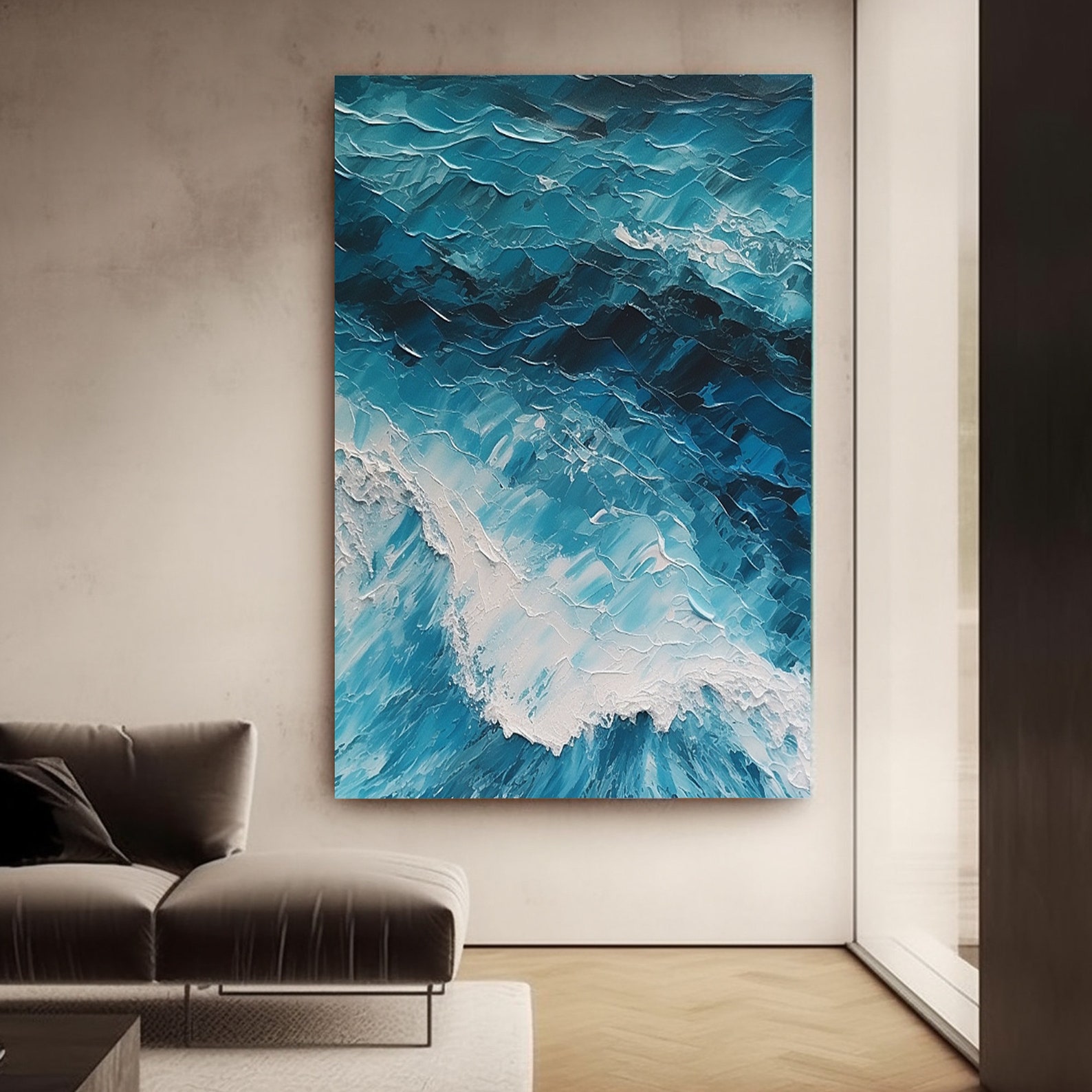 Original Abstract White Ocean Wave Hand Painting,3d Blue and White Wave ...