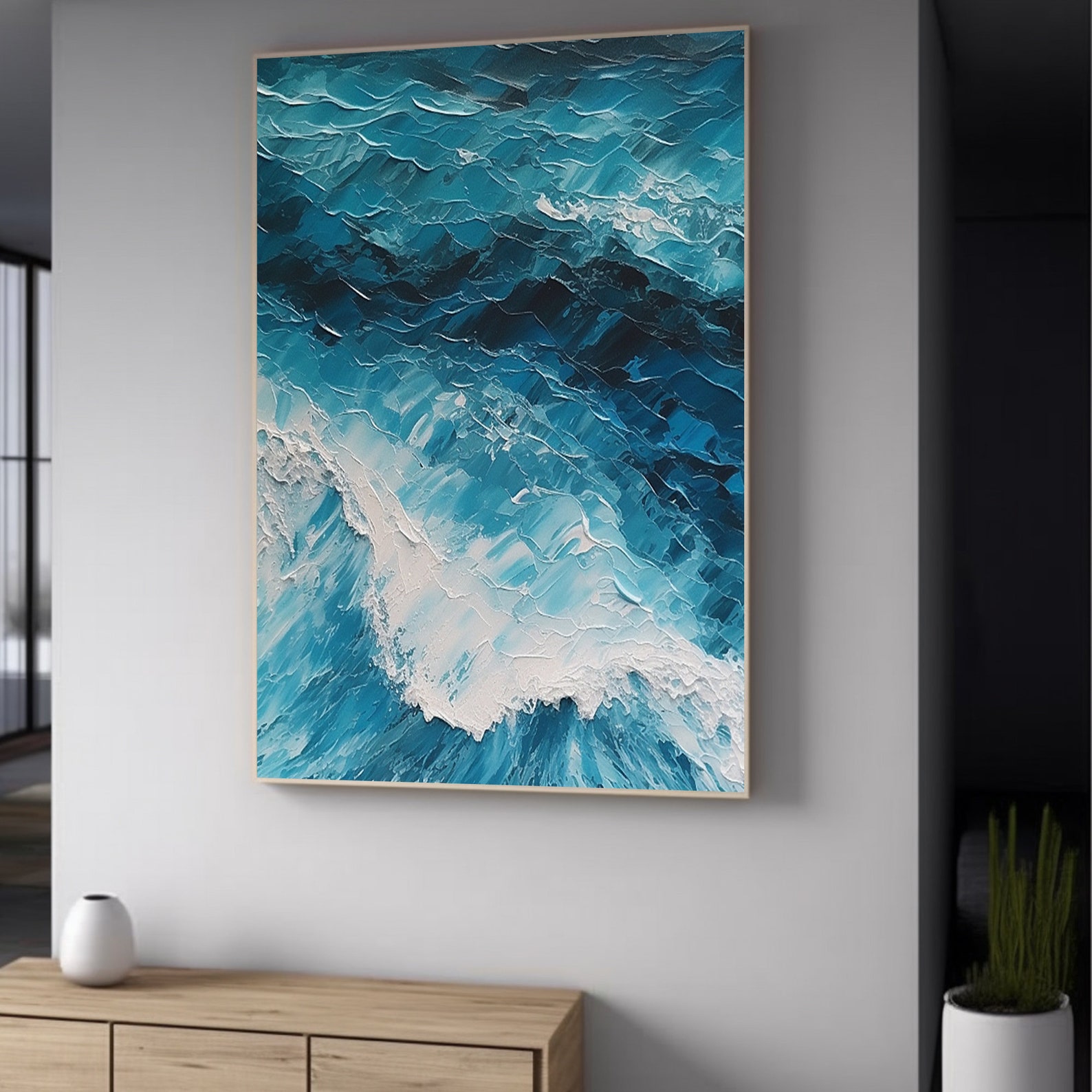 Original Abstract White Ocean Wave Hand Painting,3d Blue and White Wave ...
