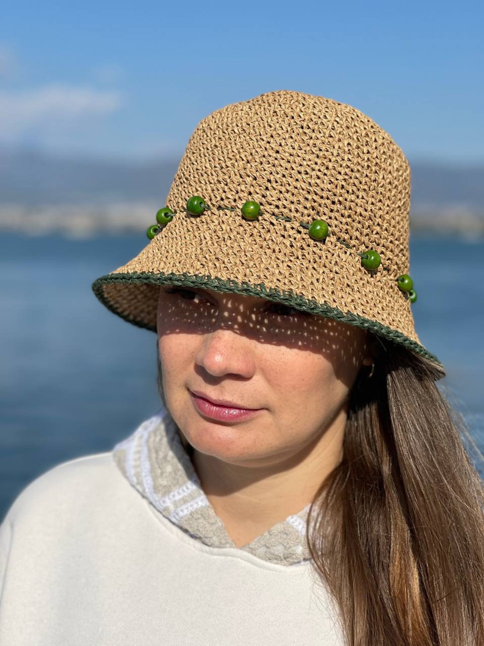 Crocheted Raffia Bucket Hat, Beaded Beach Sun Hat - Etsy