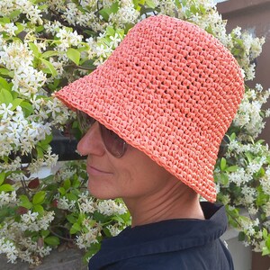 Peach Handwoven Raffia Bucket Hat for Summer, Folding Straw Sun Hat for ...