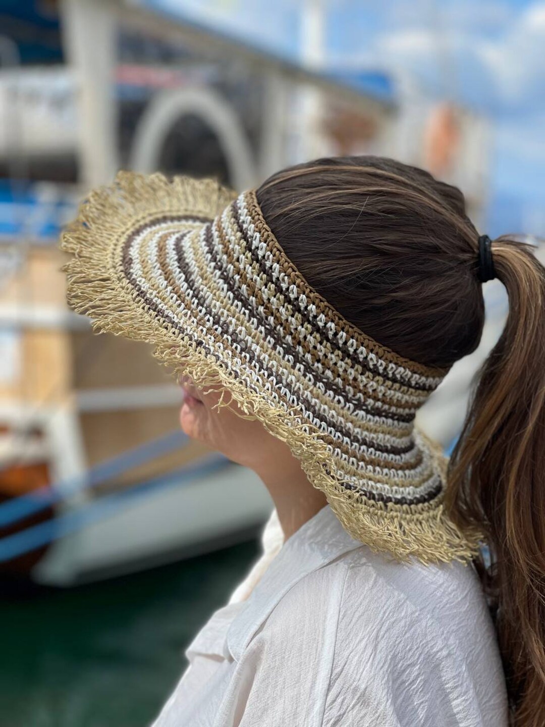 Fringed Striped Straw Sun Visor Hat, Crownless Beach Hat - Etsy